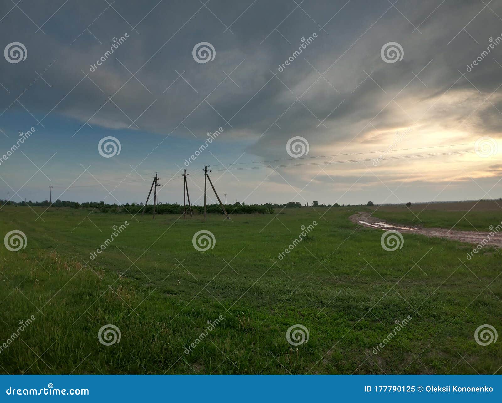 Pillars of Power Lines Stand in the Field in the Evening. Evening ...