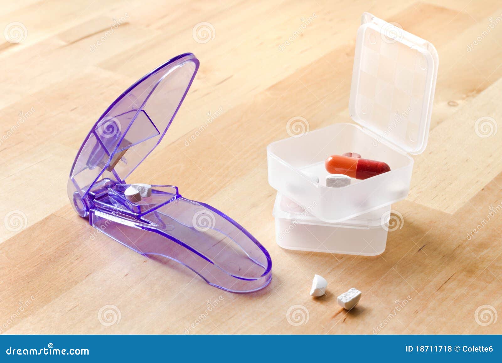 Pillboxes and pill cutter stock photo. Image of pharmacy - 18711718