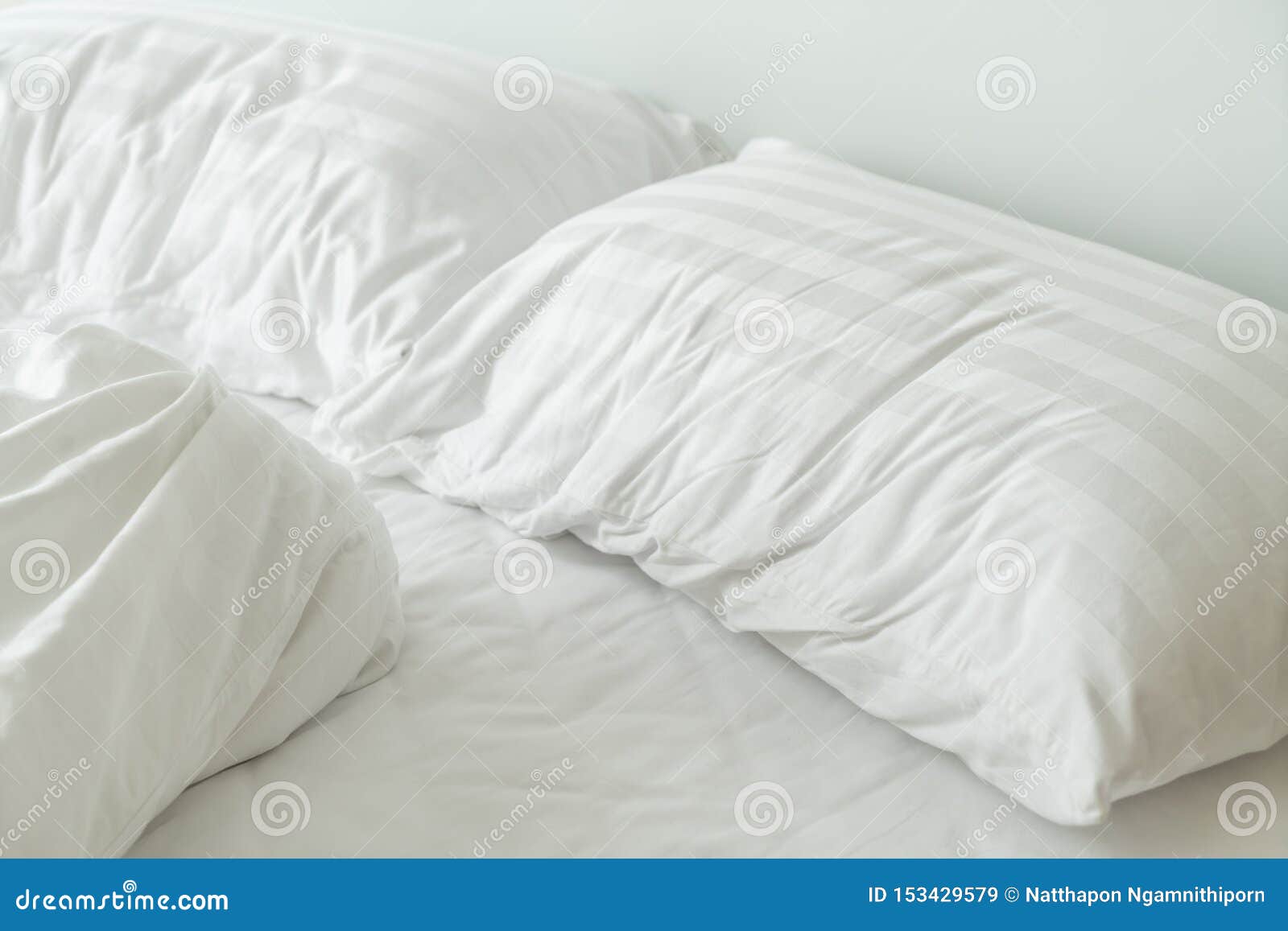 Pillow on Bed and with Wrinkle Messy Blanket in Bedroom Stock Image ...
