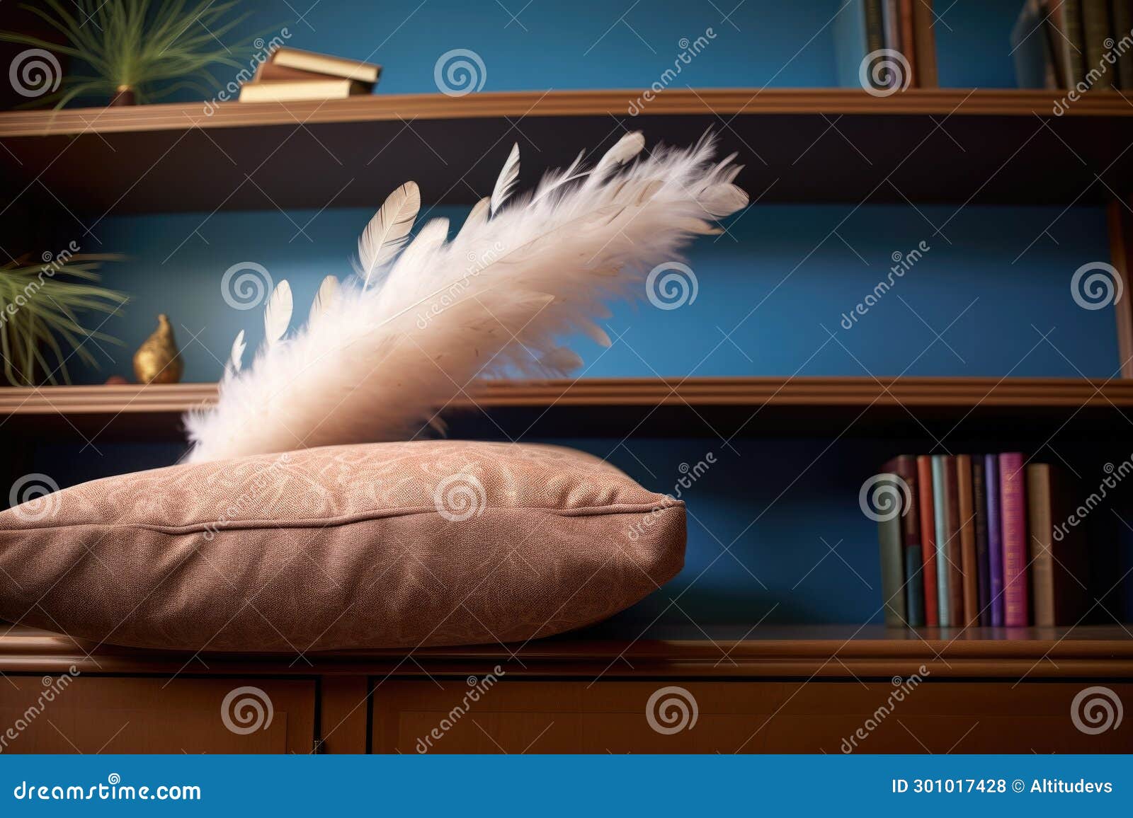 Pillow Falling from a High Shelf, Feathers Trailing Behind Stock Photo ...