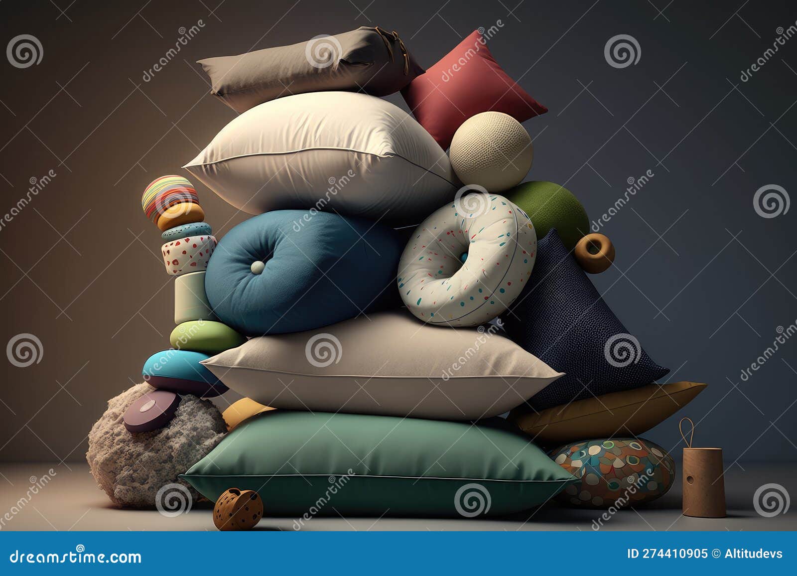 Pillow Pile, with Multiple Pillows of Different Shapes and Sizes Stock ...