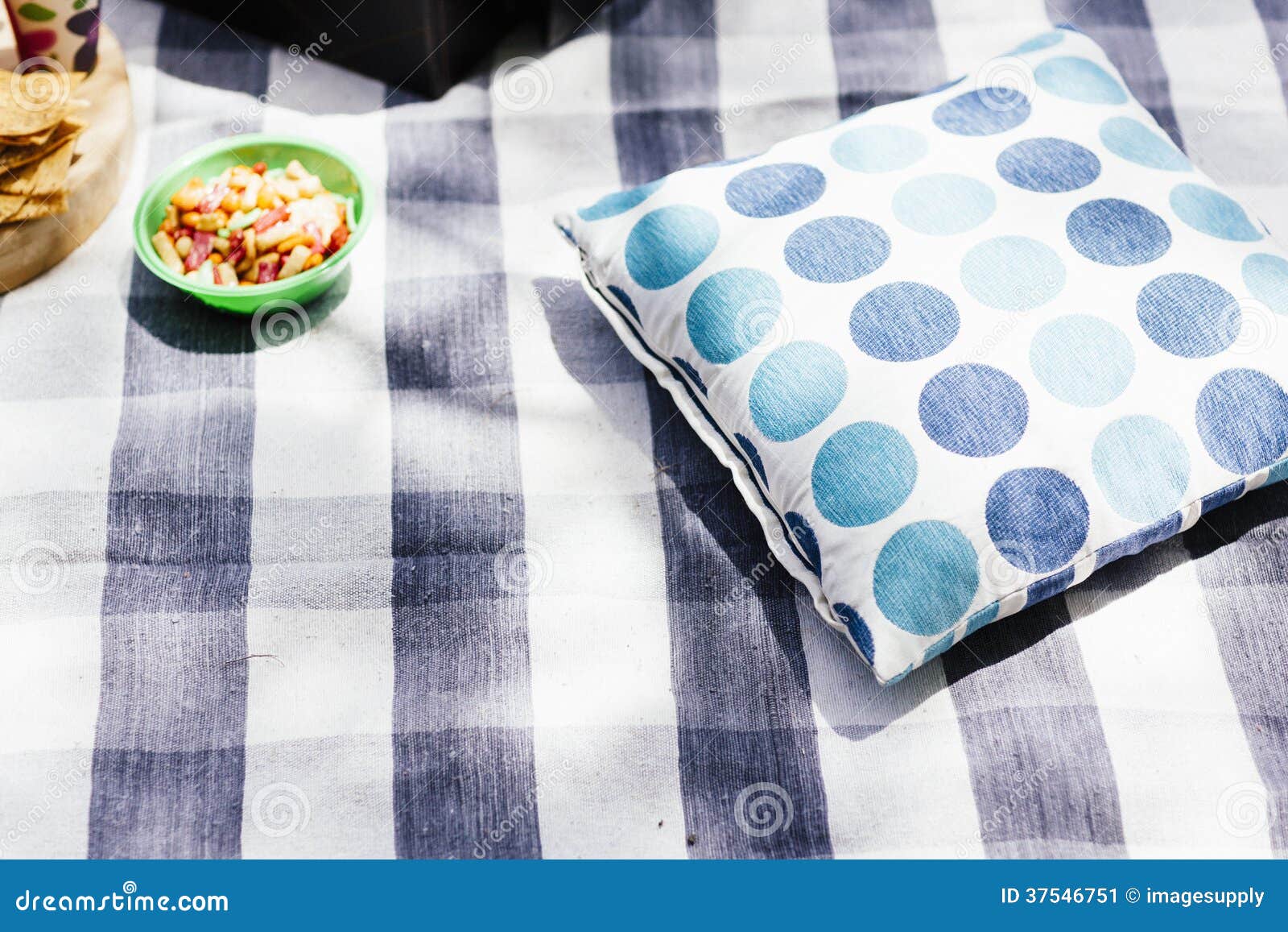 Pillow and Snacks Sitting on Picnic Blanket Stock Image - Image of blue ...