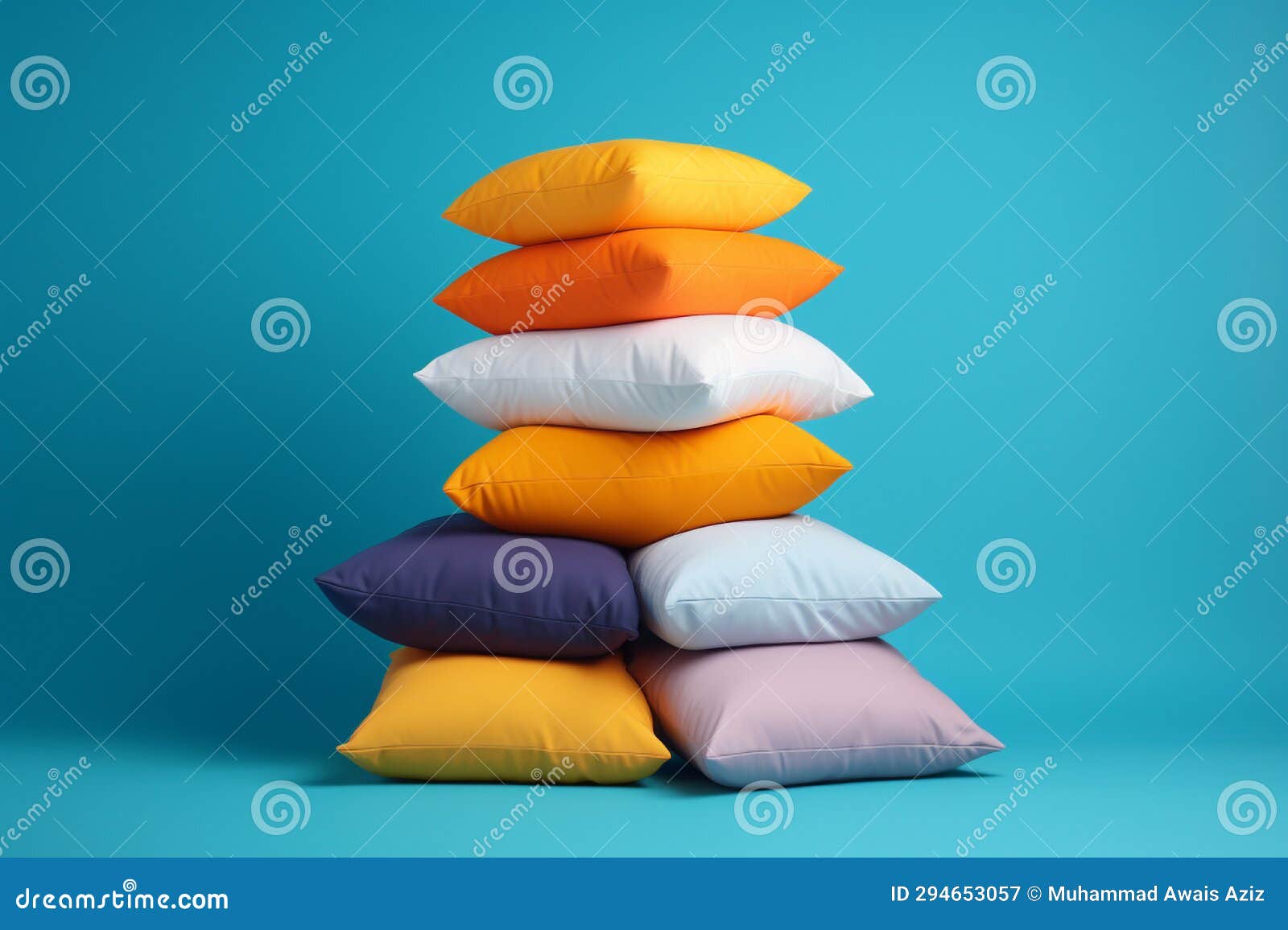 Pillow Stack on Blue Wall Background. 3d Rendering Stock Illustration ...