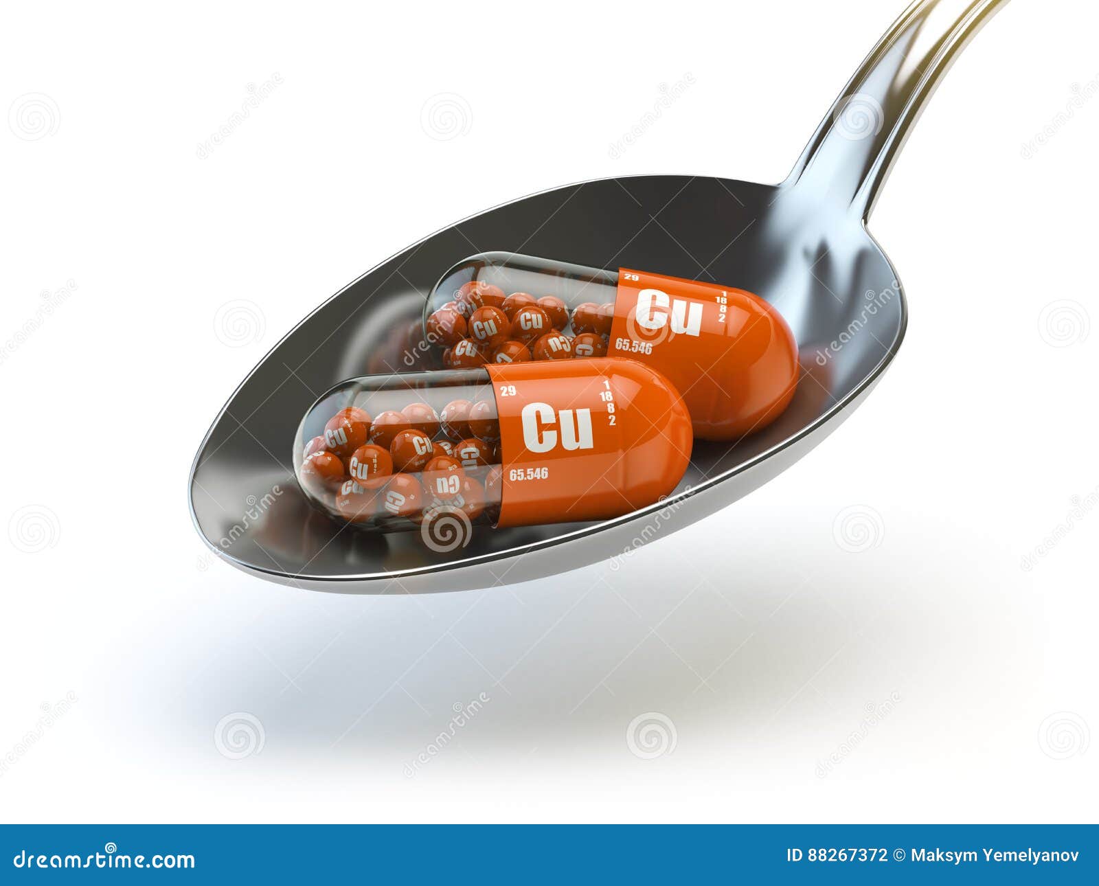 Pills with Cu Copper Element in the Spoon. Dietary Supplements Stock ...