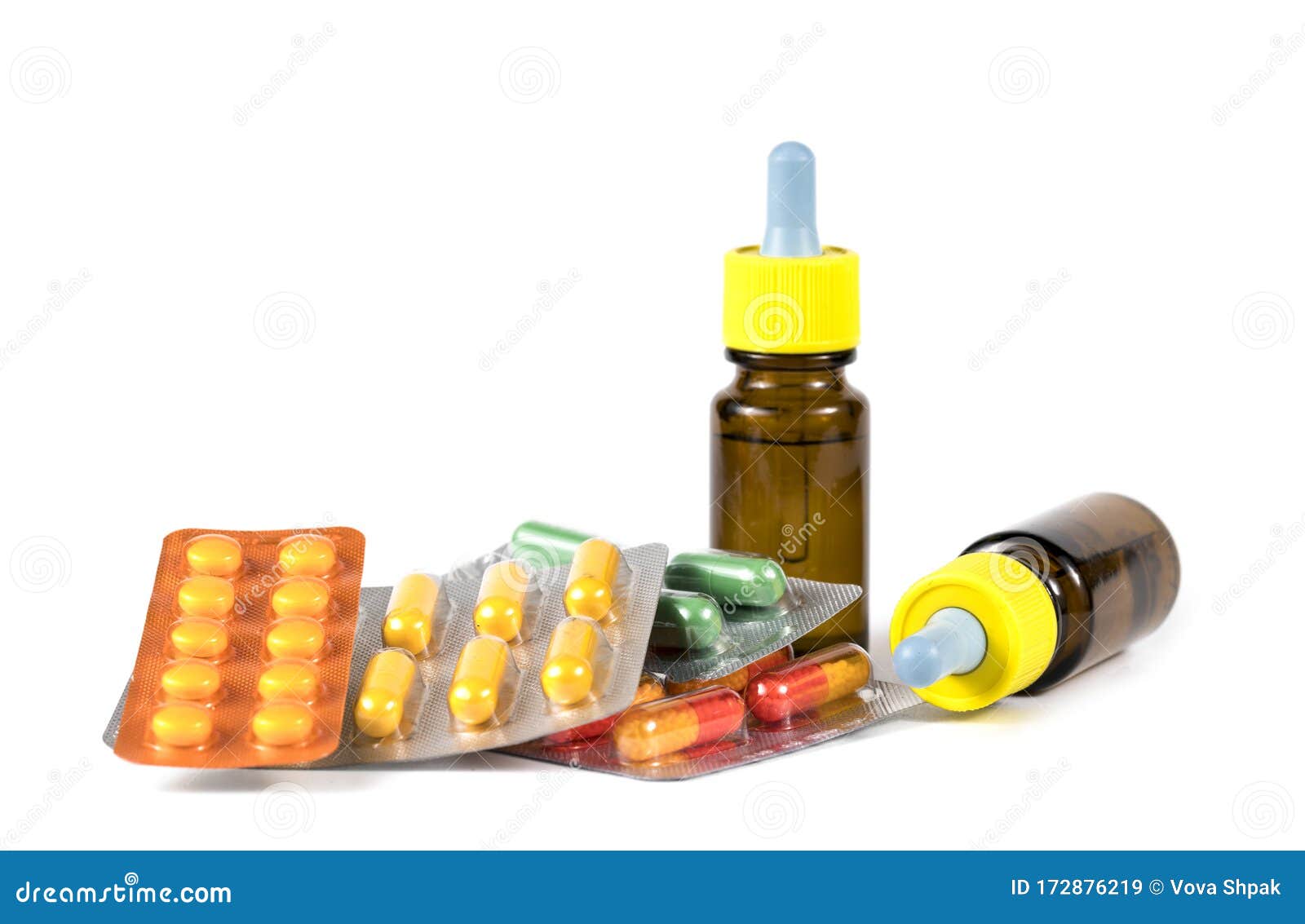 Pills and Drops on a White Background Stock Image - Image of medical ...