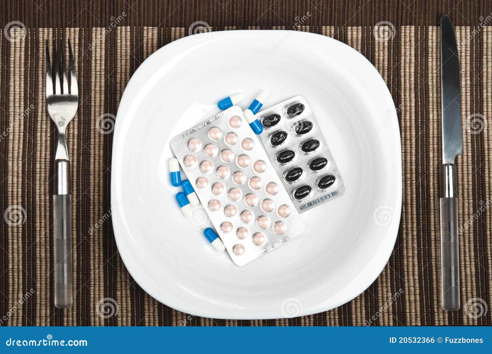 Pills on food plate stock photo. Image of dinner, dish - 20532366