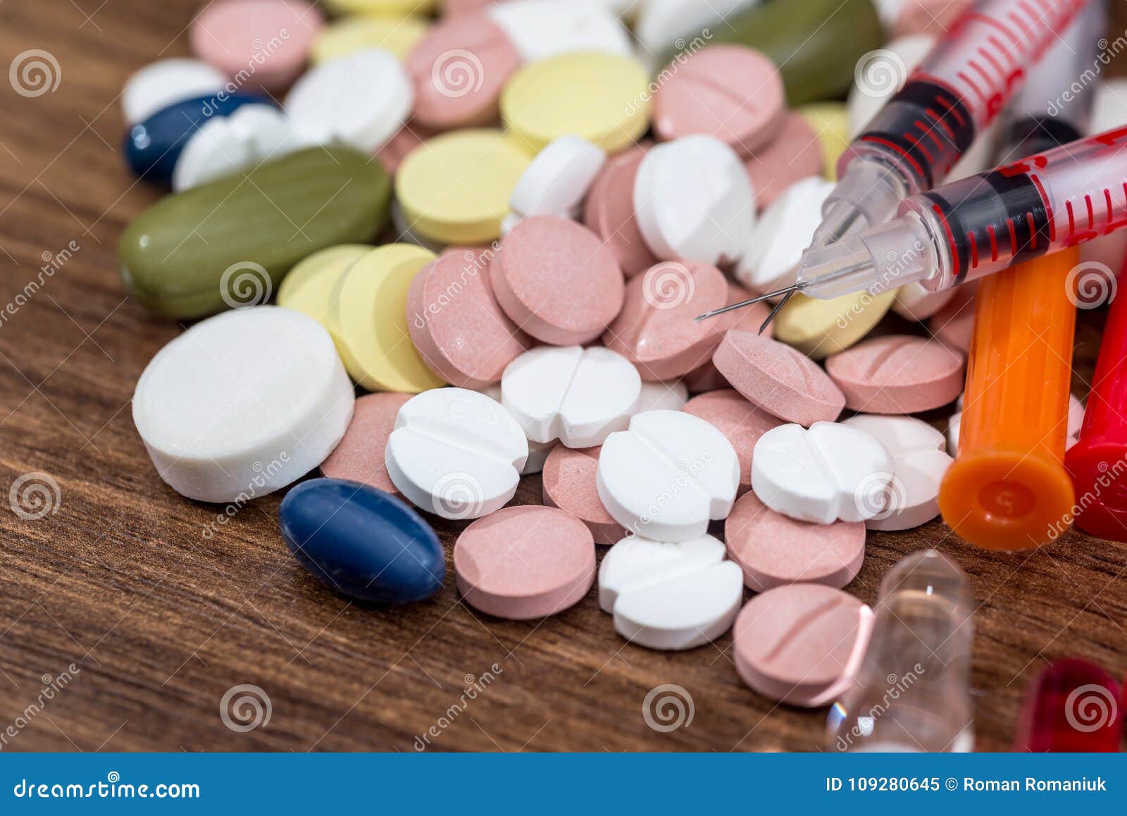 Pills with insulin syringe stock image. Image of insulin - 109280645