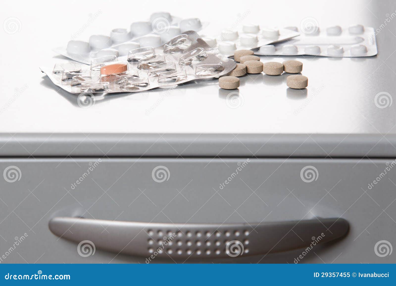 Pills on a Metal Medical Supply Stock Image - Image of capsules ...