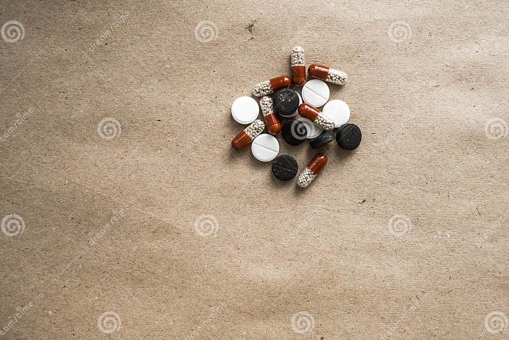 Pills on paper stock photo. Image of care, health, blank - 97293096