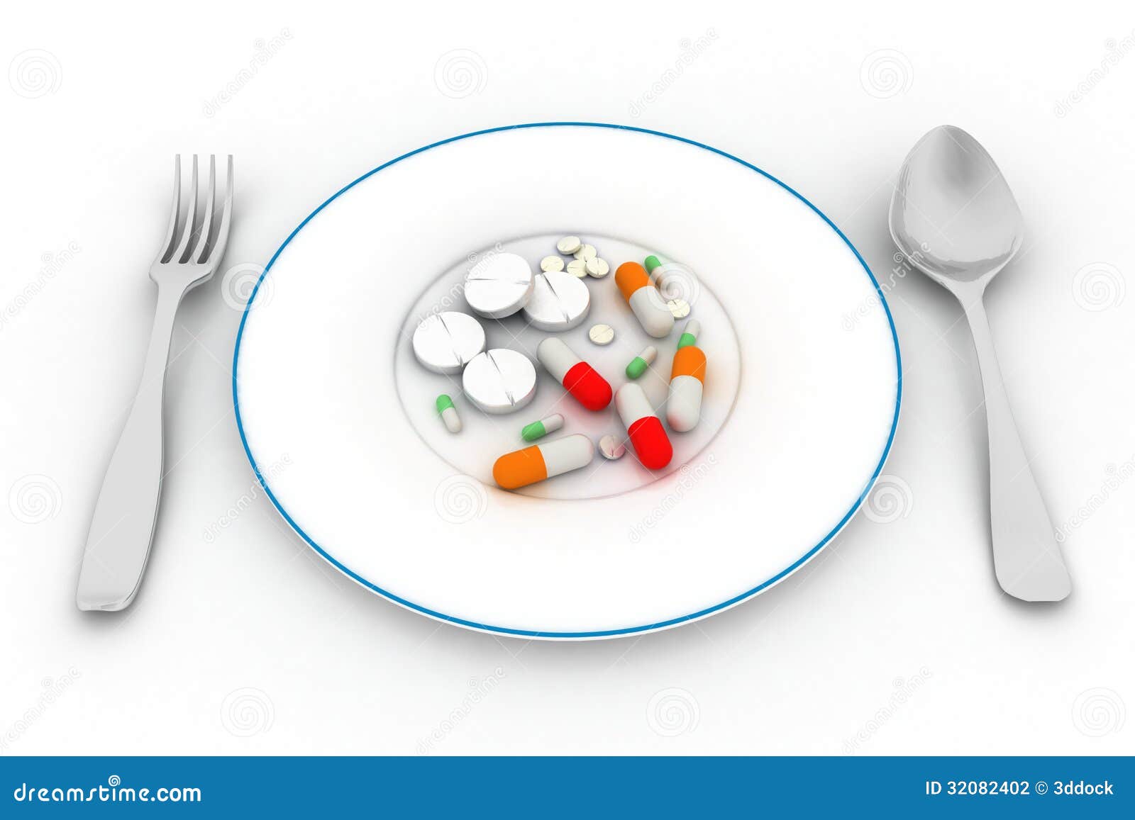 Pills on the plate stock illustration. Illustration of group - 32082402