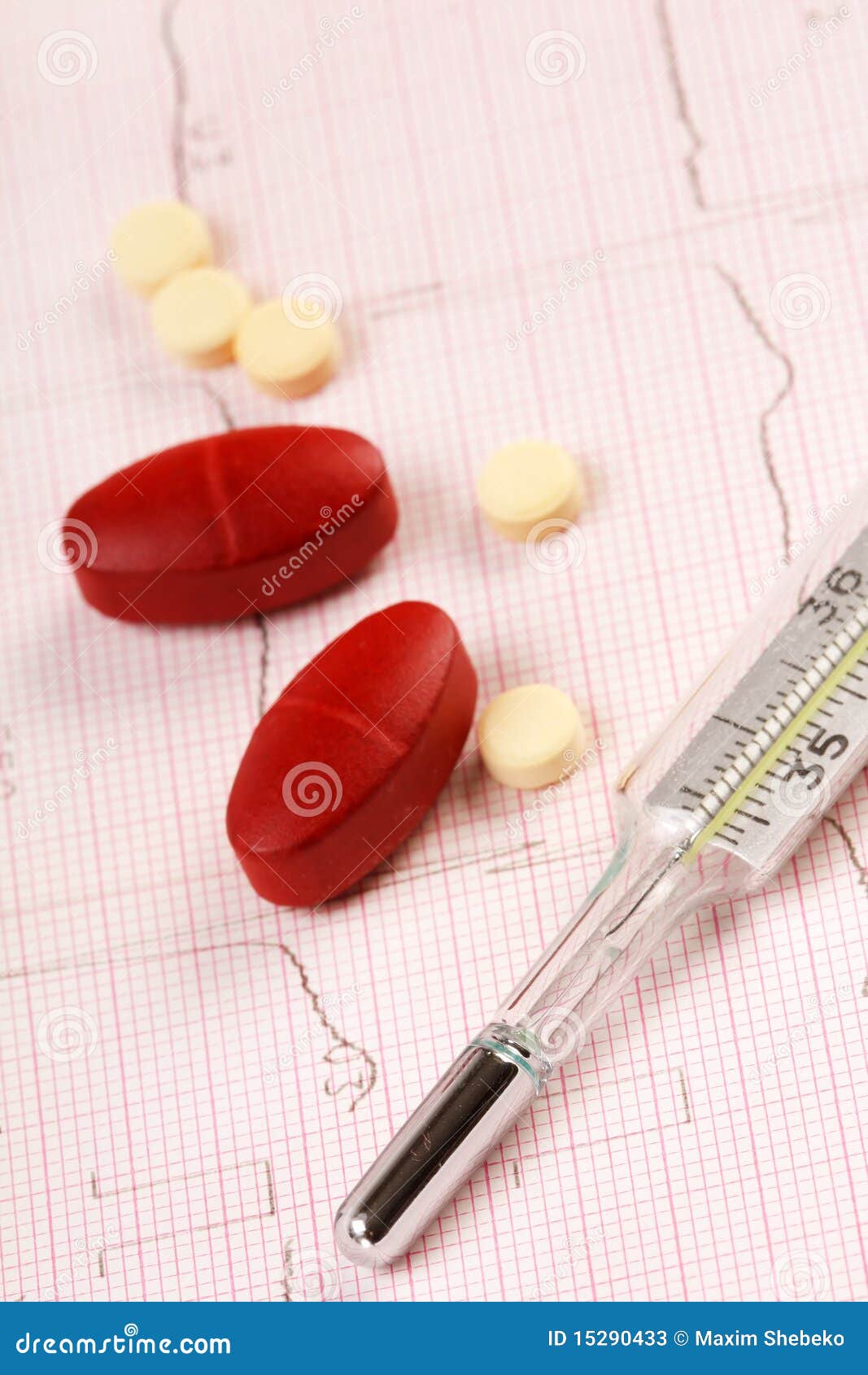 Pills and thermometer stock image. Image of capsules - 15290433