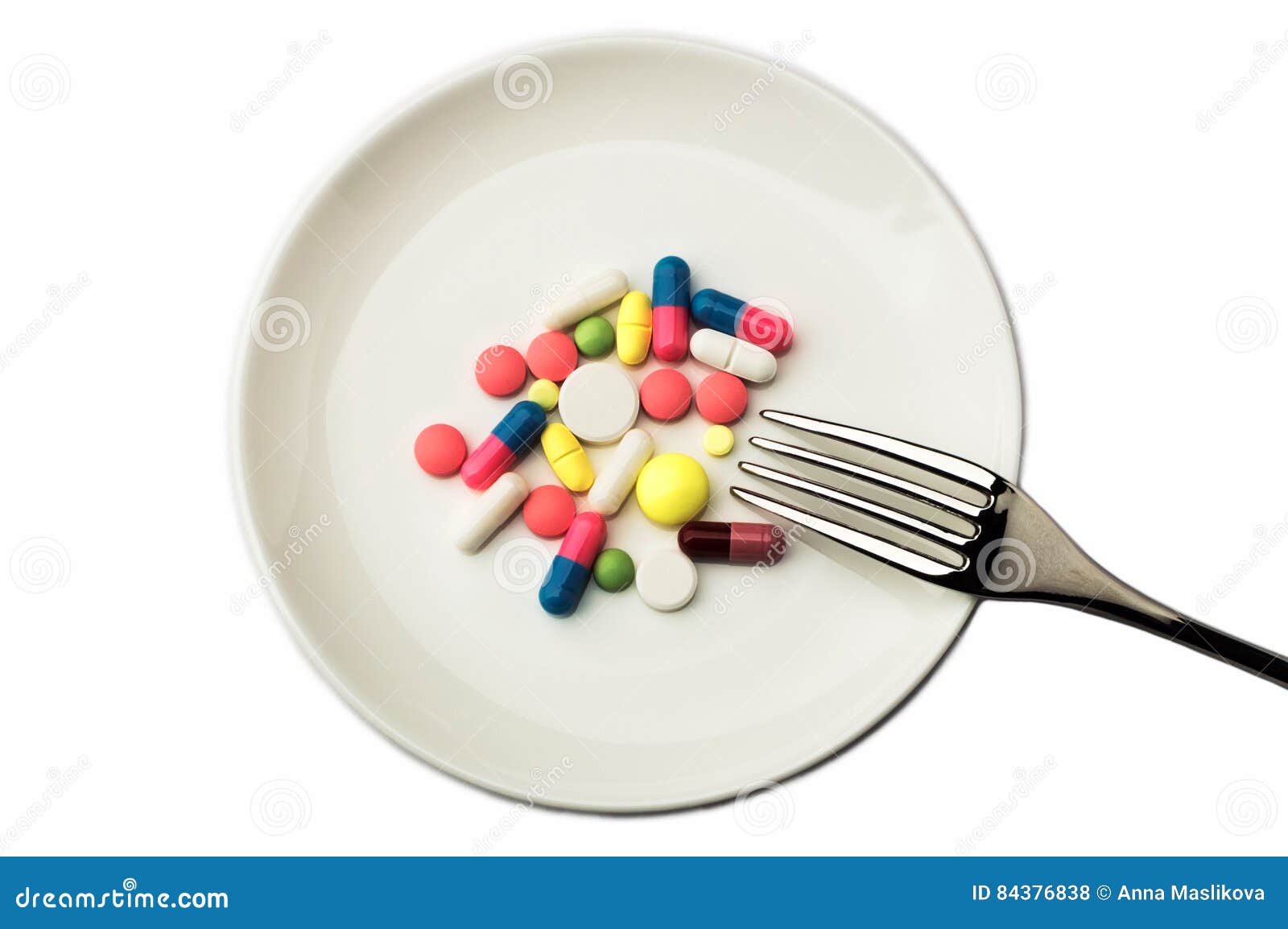 Pills on White Plate with Fork. Pill instead of Food Stock Photo ...