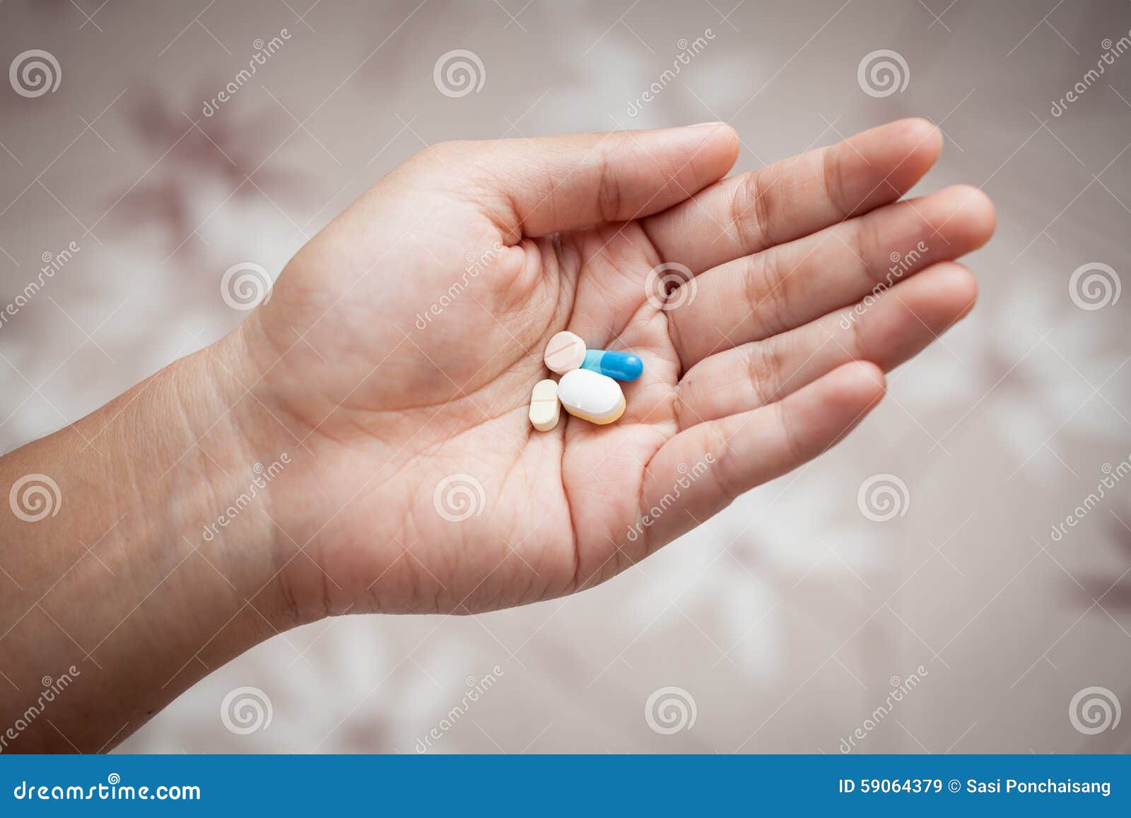 Pills on woman hand stock image. Image of nutrient, healthcare - 59064379