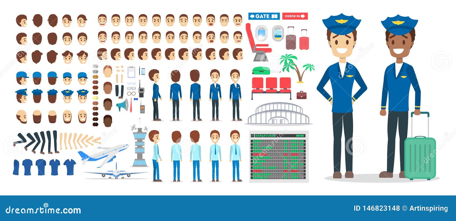 Pilot Character Set for the Animation with Various Views Stock Vector ...