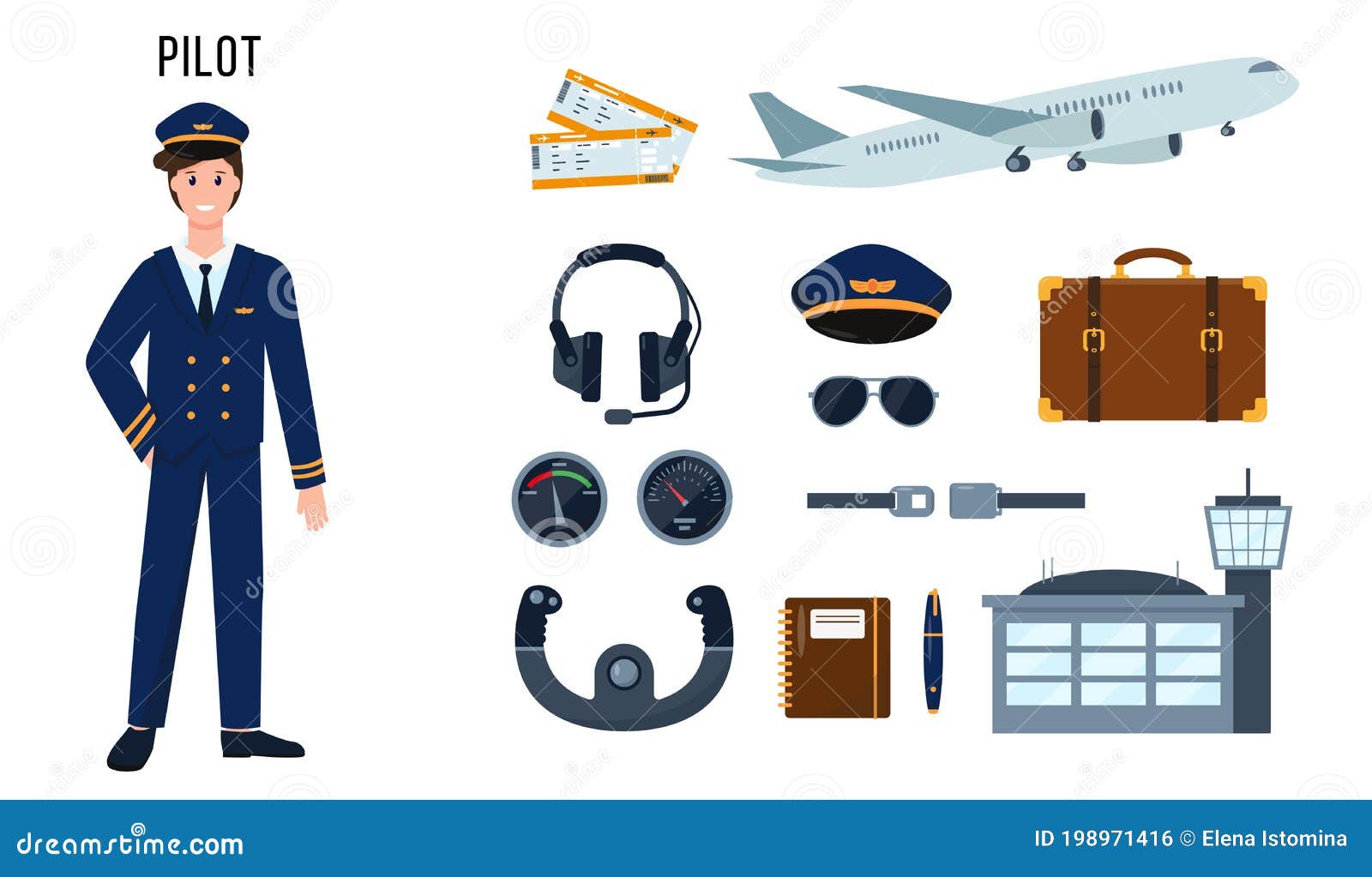Pilot Character and Set of Elements for Work. Stock Vector ...
