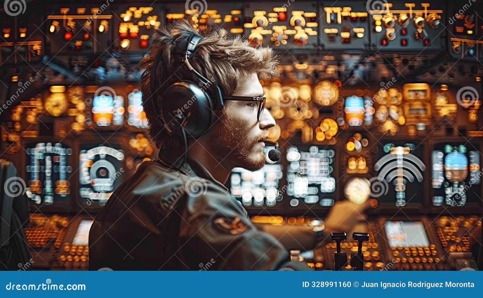 Pilot in Cockpit with Illuminated Control Panels Stock Illustration ...