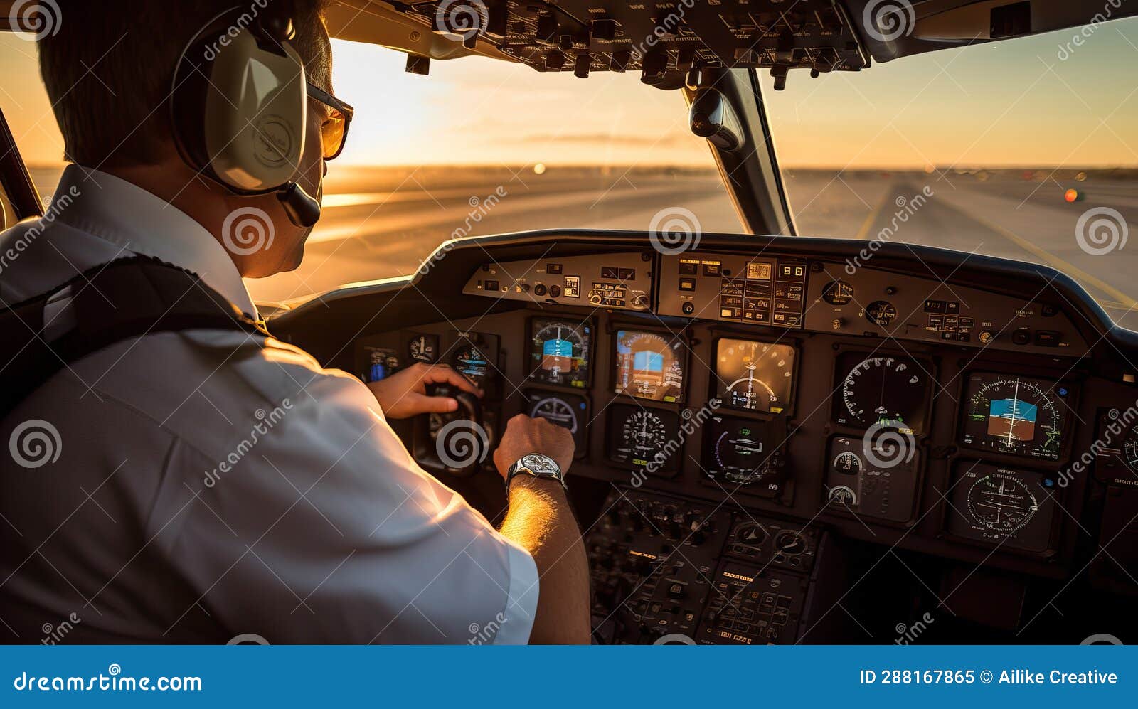 Pilot in the Cockpit of a Plane during Flight at Sunset Stock ...