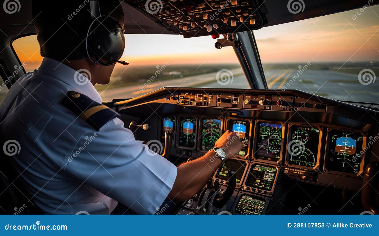 Pilot in the Cockpit of a Plane during Flight at Sunset Stock ...