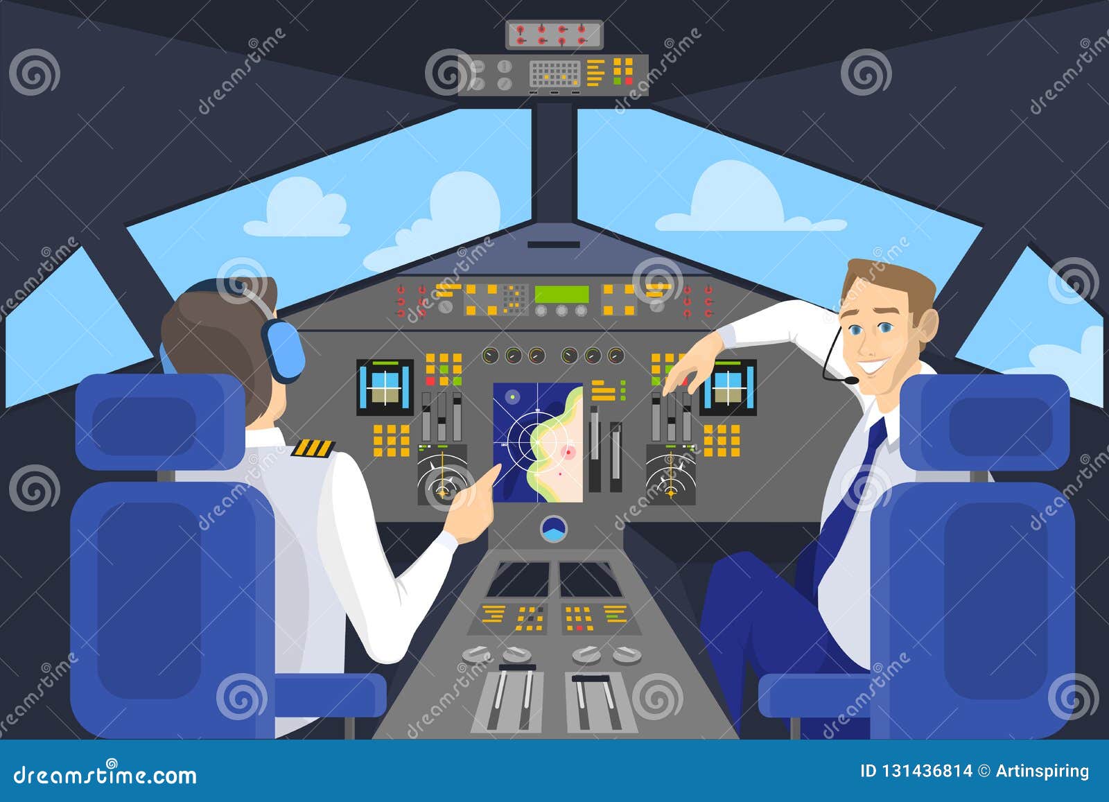 Pilot in Cockpit Smiling. Control Panel in Airplane Stock Vector ...