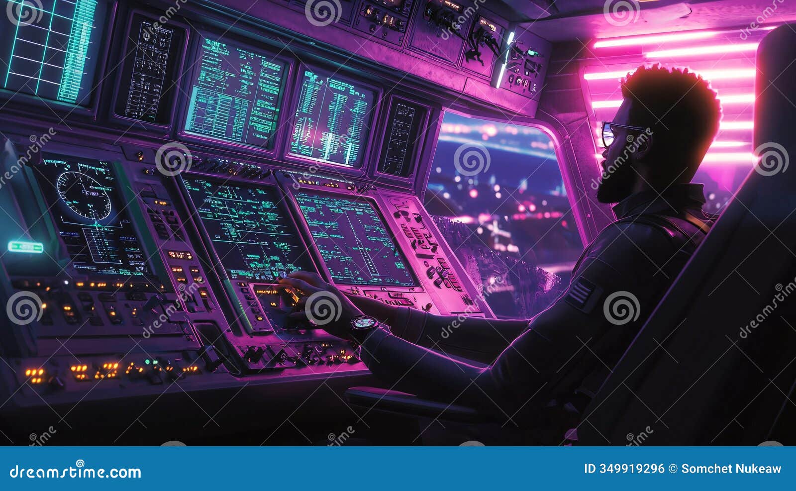 Pilot Communicates With Flight Control In Modern Cockpit Environment ...