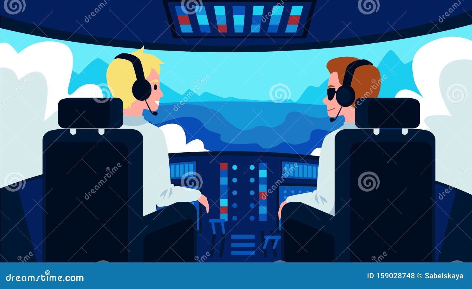 Pilot and Copilot Inside Airplane Cockpit Flat Cartoon Vector ...