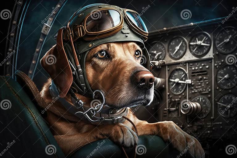 Pilot Dog Sitting in Cockpit, Checking Flight Instruments Stock ...