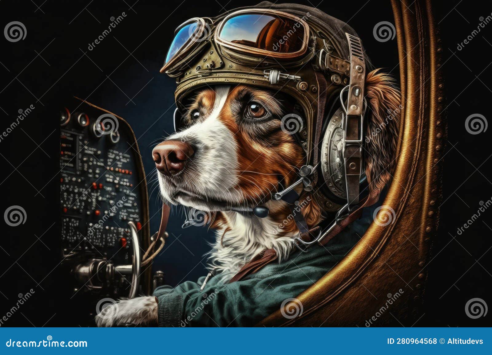 Pilot Dog Sitting in Cockpit, Checking Flight Instruments Stock ...