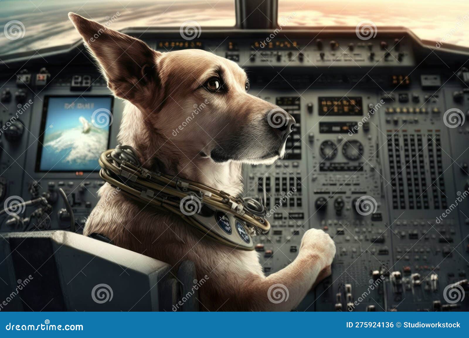 Dog, Sitting In Cockpit Of Plane, Peering Out Window Royalty-Free Stock ...