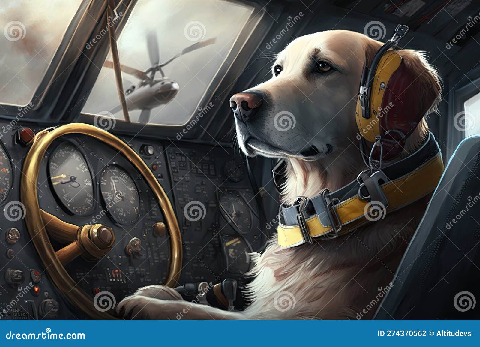 Pilot Dog Sitting in Cockpit, with View of Controls and Instruments ...