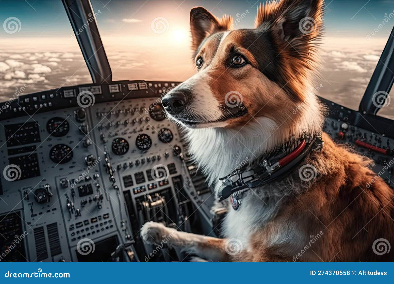 Pilot Dog Sitting in Cockpit, with View of Controls and Instruments ...