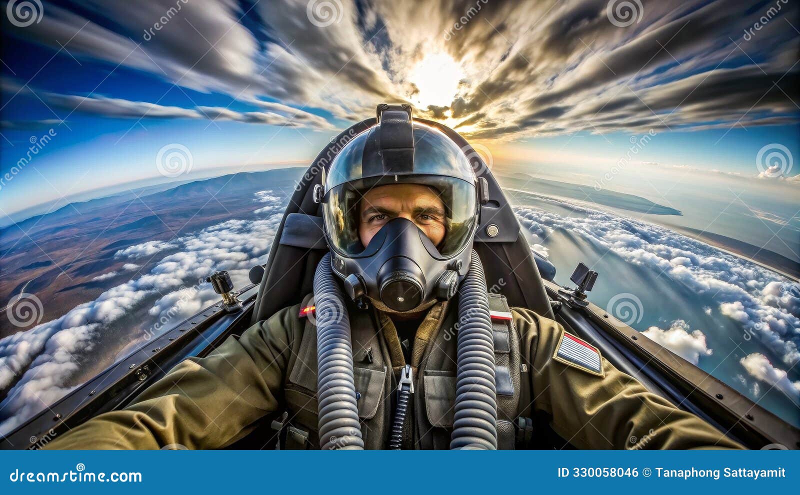 A Pilot in a Fighter Jet Cockpit Wearing a Helmet and Oxygen Mask ...