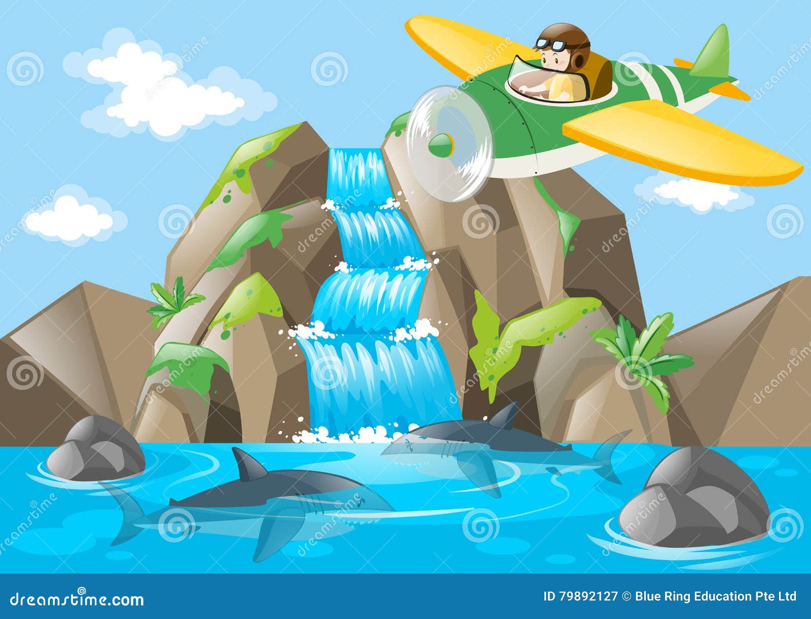 Pilot Flying Jet Over Waterfall Stock Vector - Illustration of mountain ...