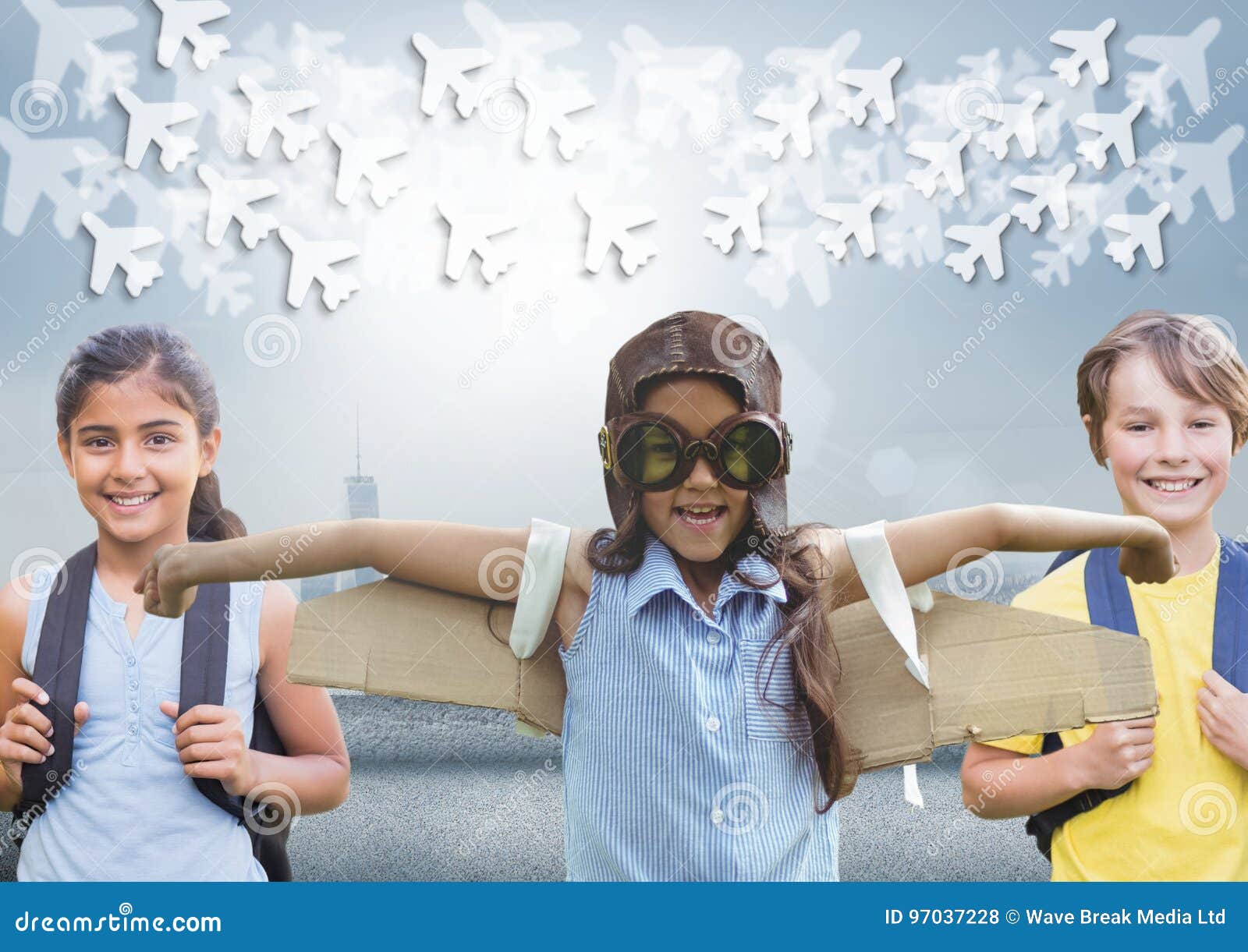 Pilot Girl and Other Kids with Bright Background and Planes Graphics ...