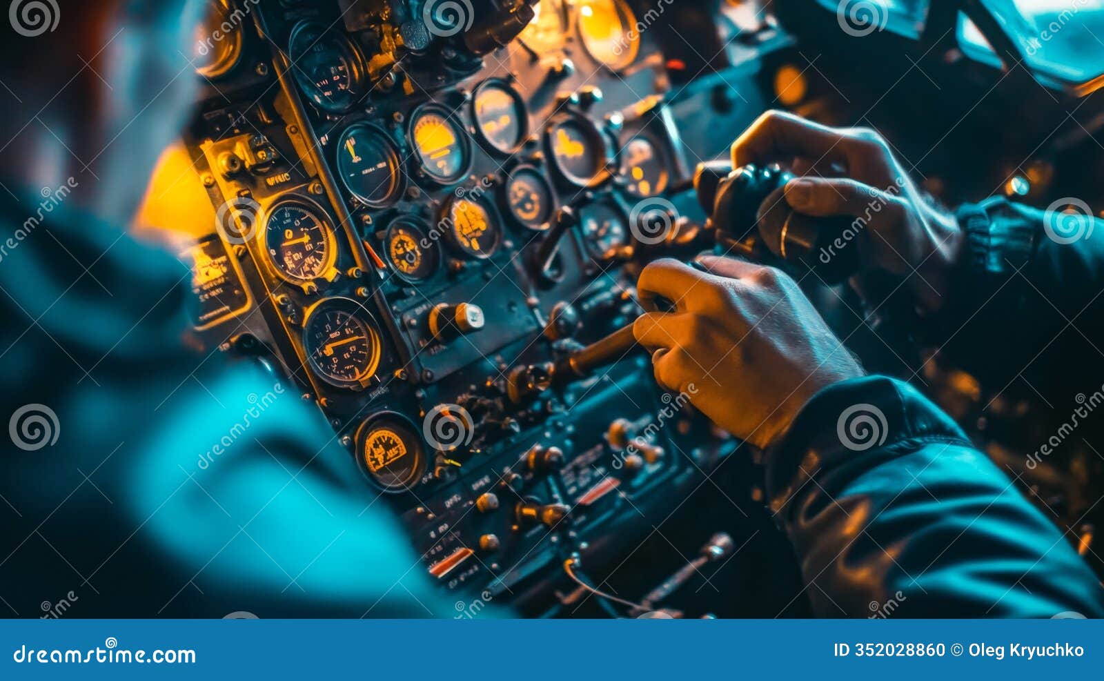 A Pilot Operates Complex Flight Controls in the Cockpit. the Intricate ...