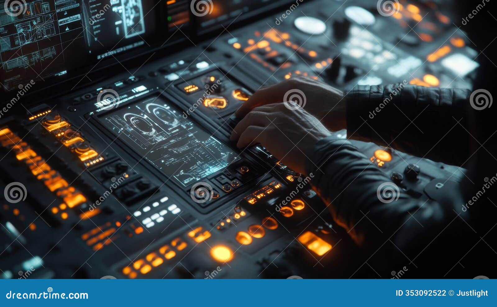 Pilot Operating Futuristic Spaceship Control Panel with Brain Scan ...