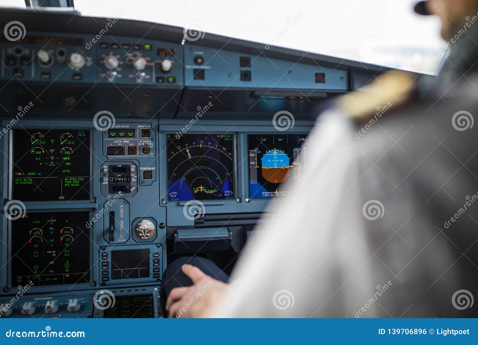 Pilot`s Hand Accelerating on the Throttle in Airplane Flight Cockpit ...