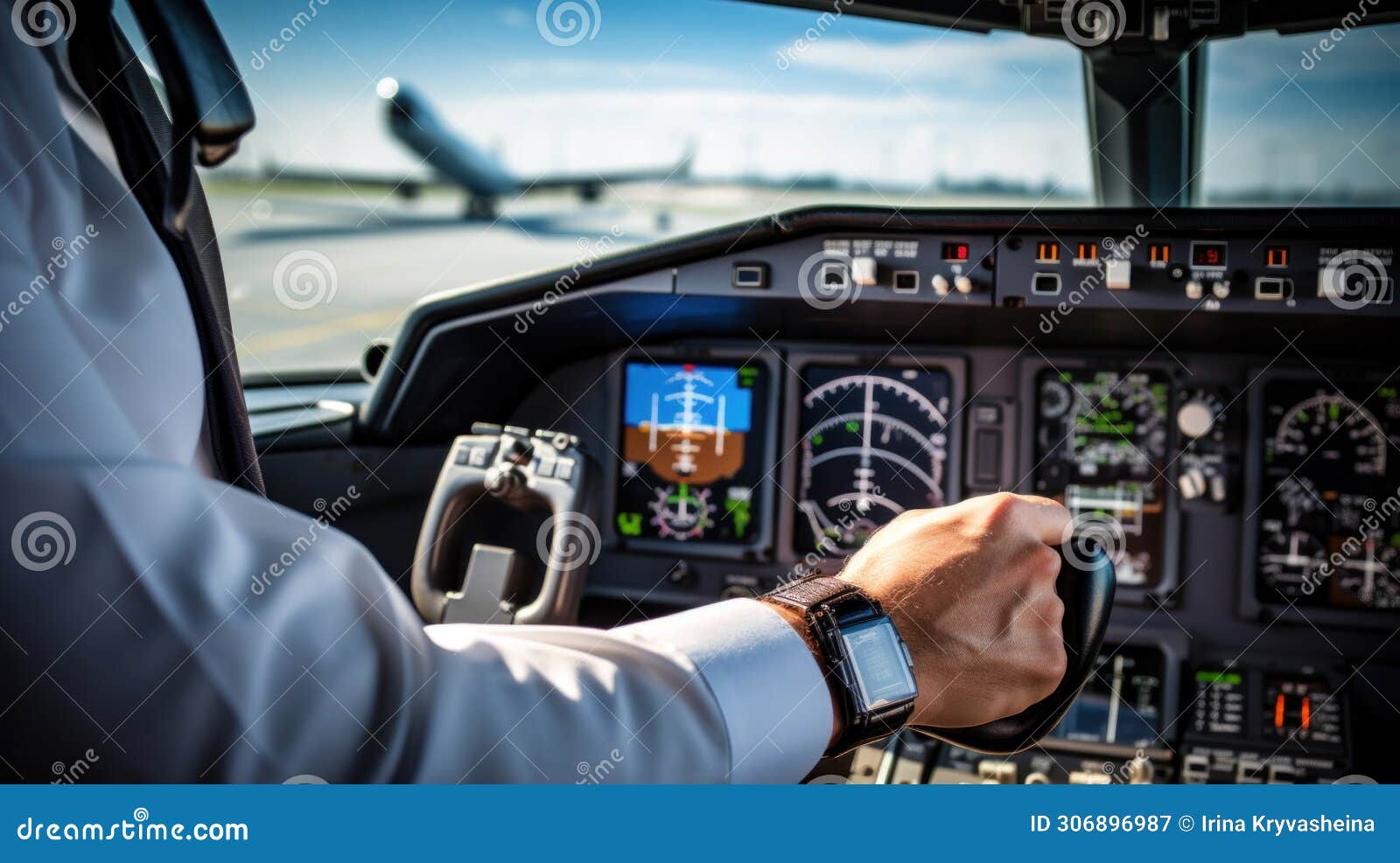 Pilot& X27;s Hand on the Controls of an Airplane, with the Cockpit ...