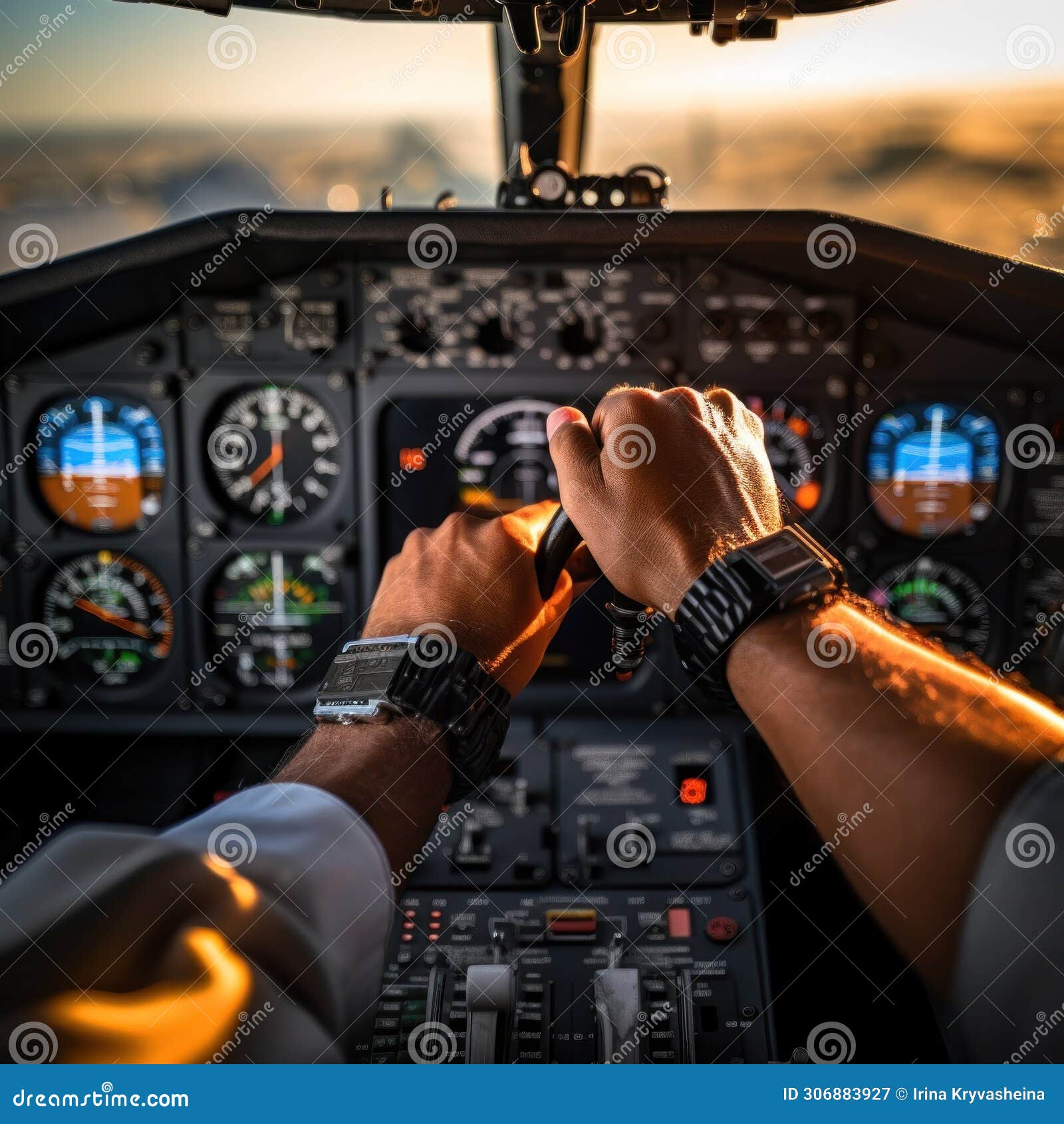 Pilot& X27;s Hand on the Controls of an Airplane, with the Cockpit ...