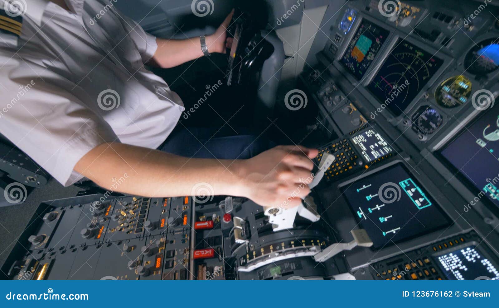 Pilot`s Hand Holding for a Control Lever during Flight. Modern ...