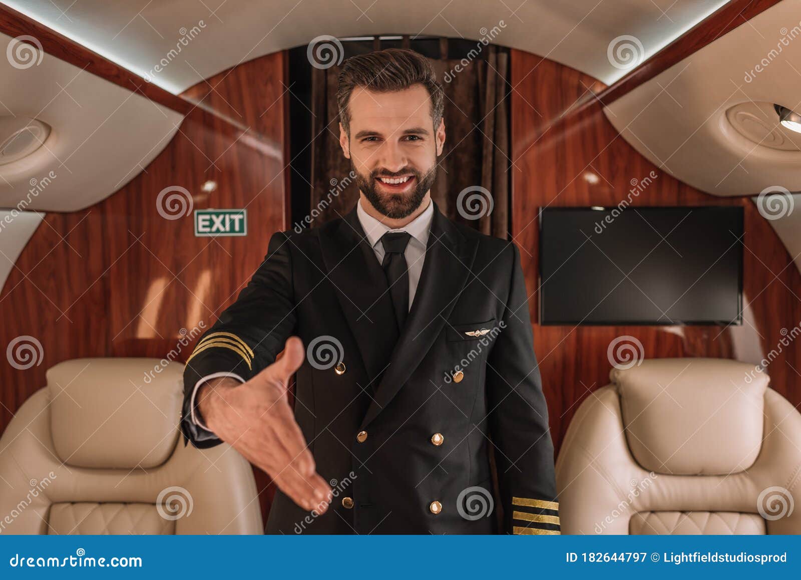 Pilot Smiling at Camera while Standing with Outstretched Hand Stock ...