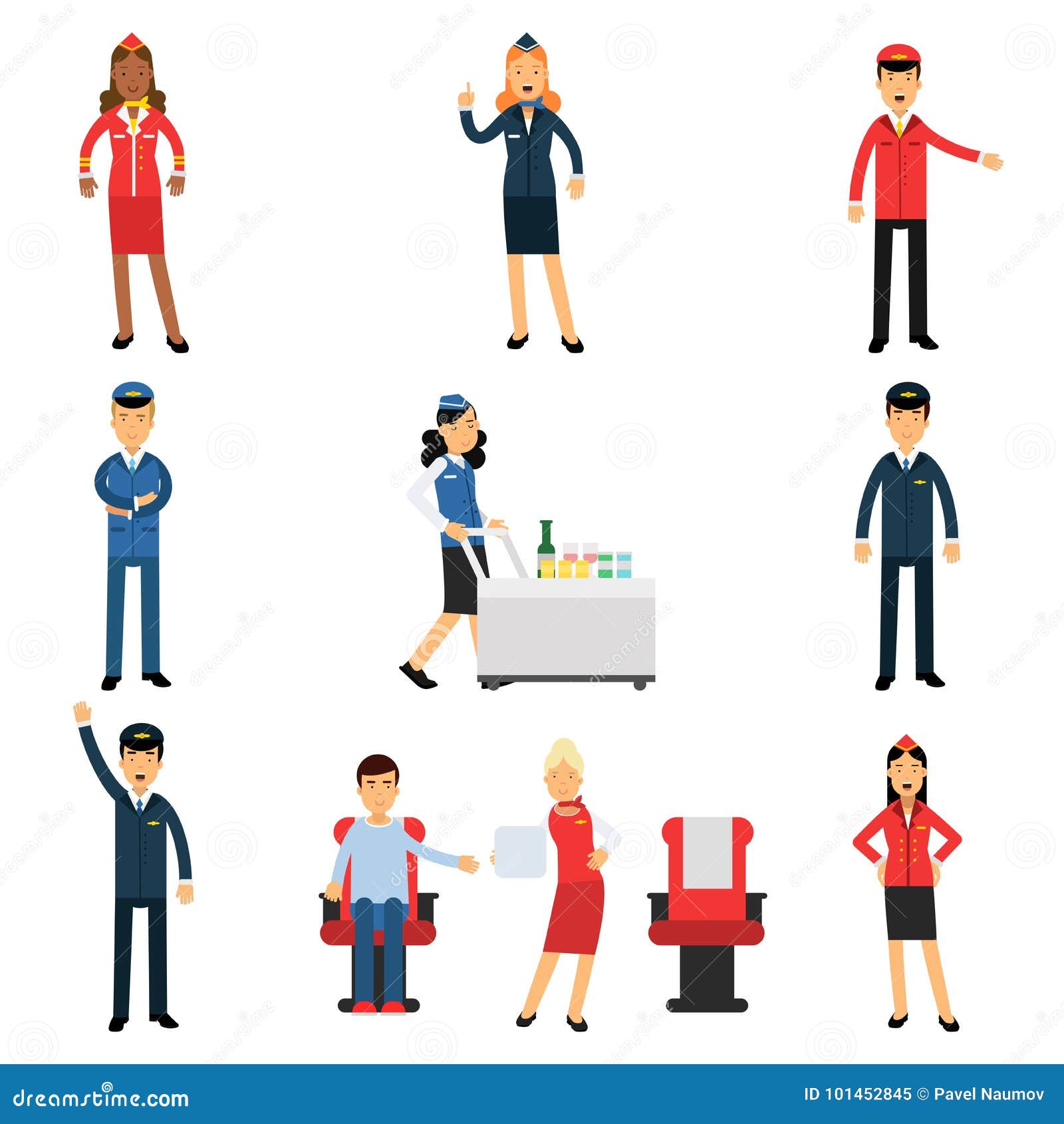 Pilot and Stewardess at Work during the Flight Set, Air Transportation ...