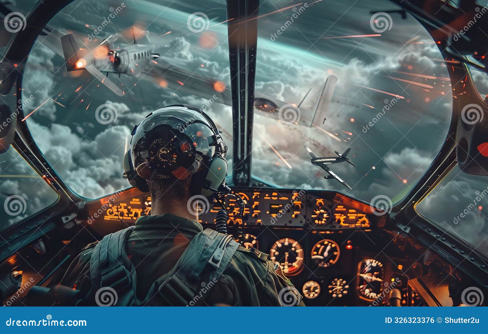 Pilot in Uniform Head Becoming a Cloud of Airplanes and Radar Signals ...