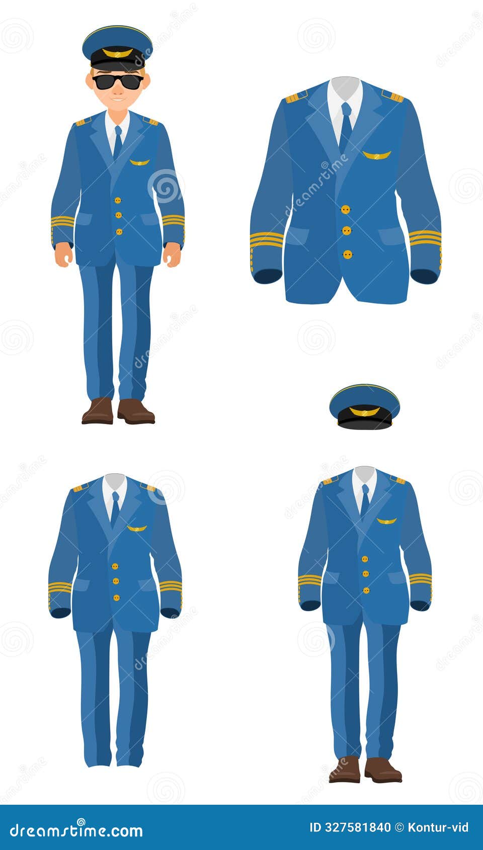 Pilot Uniform Suit Work Clothes Flat Style Vector Illustration Stock ...
