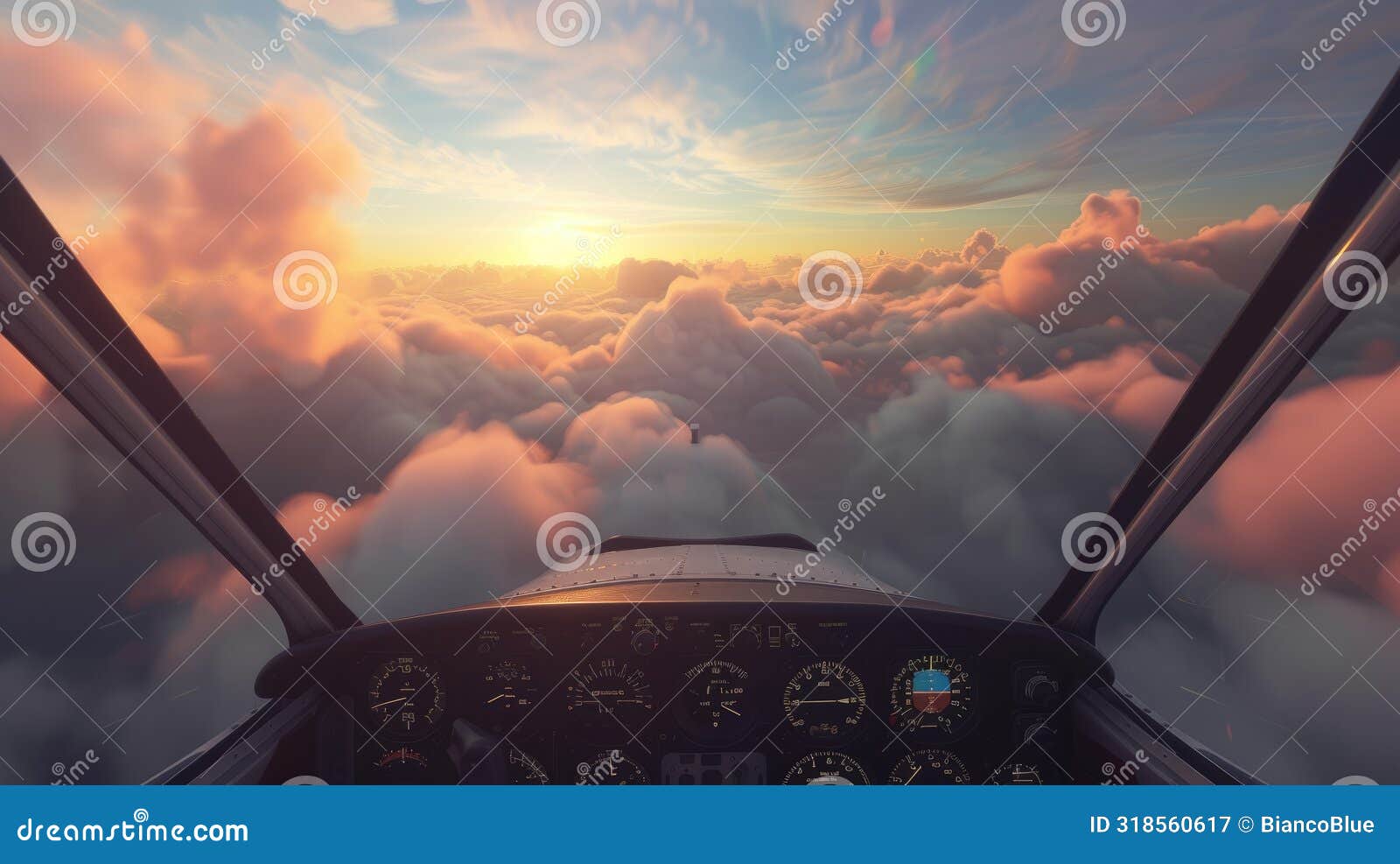 A Pilot is View from the Cockpit of an Airplane Flying Above the Clouds ...
