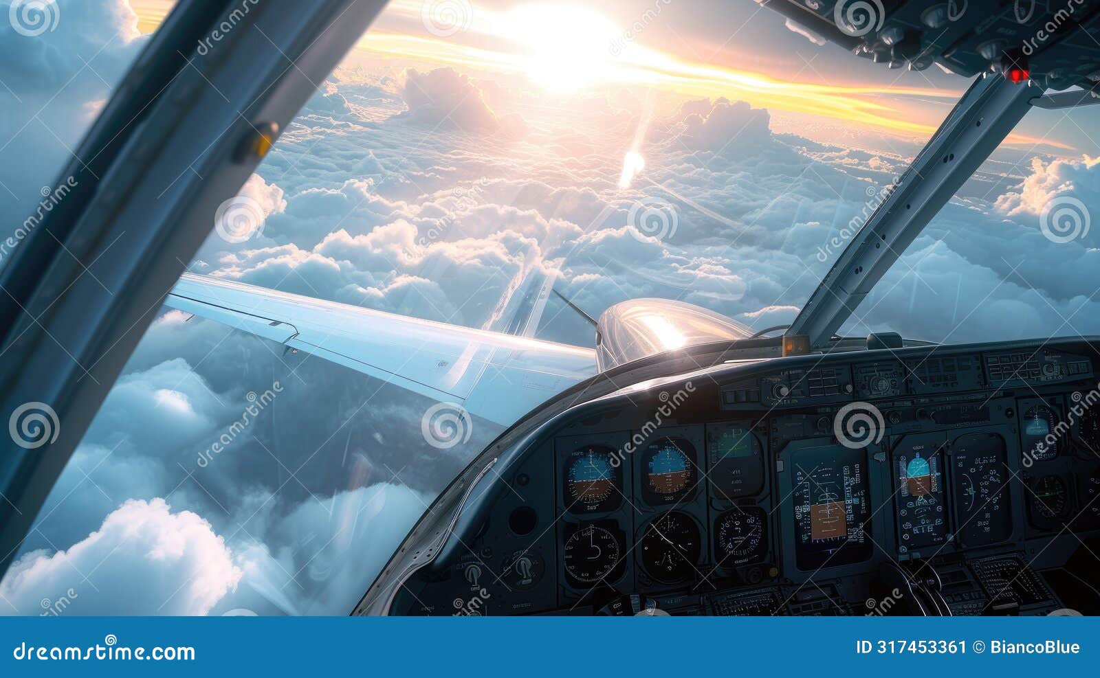A Pilot is View from the Cockpit of an Airplane Flying Above the Clouds ...