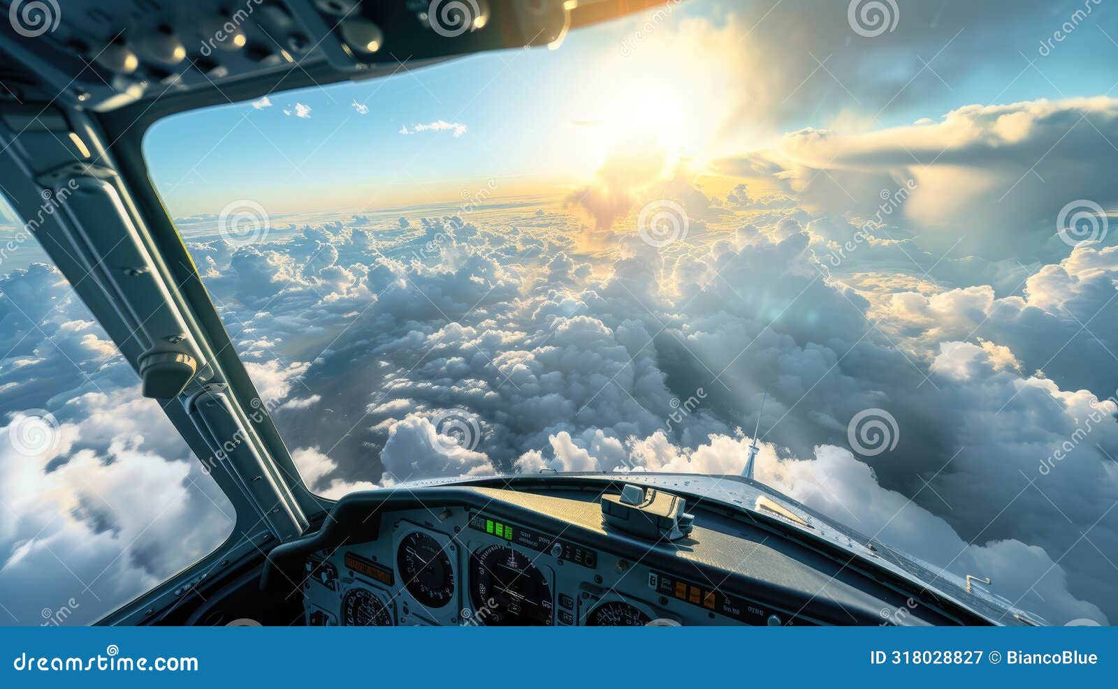 A Pilot is View from the Cockpit of an Airplane Flying Above the Clouds ...