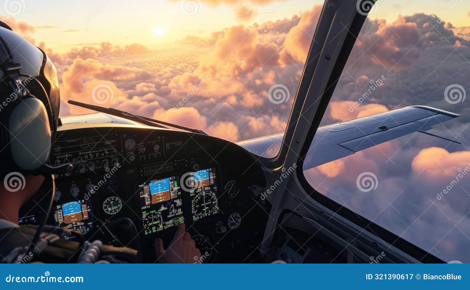 A Pilot is View from the Cockpit of an Airplane Flying Above the Clouds ...