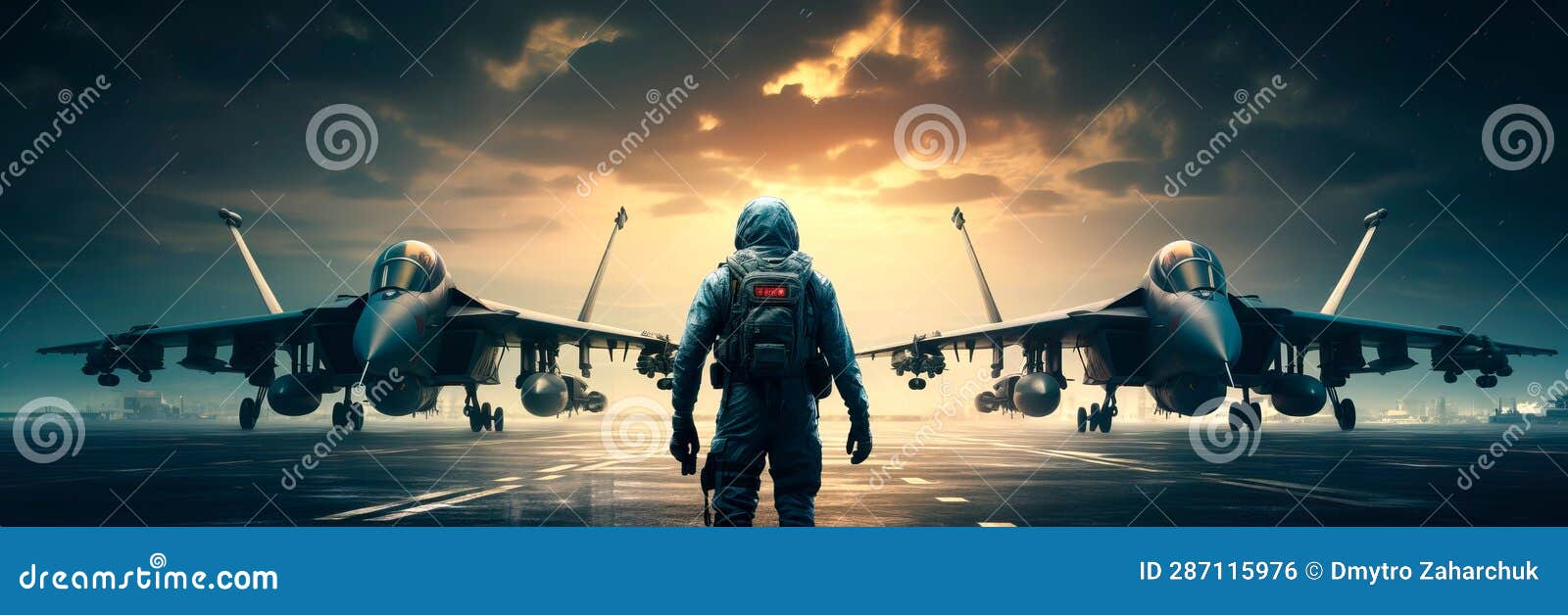 Pilot Walking Along the Runway Lighting in the Background of a Multi ...