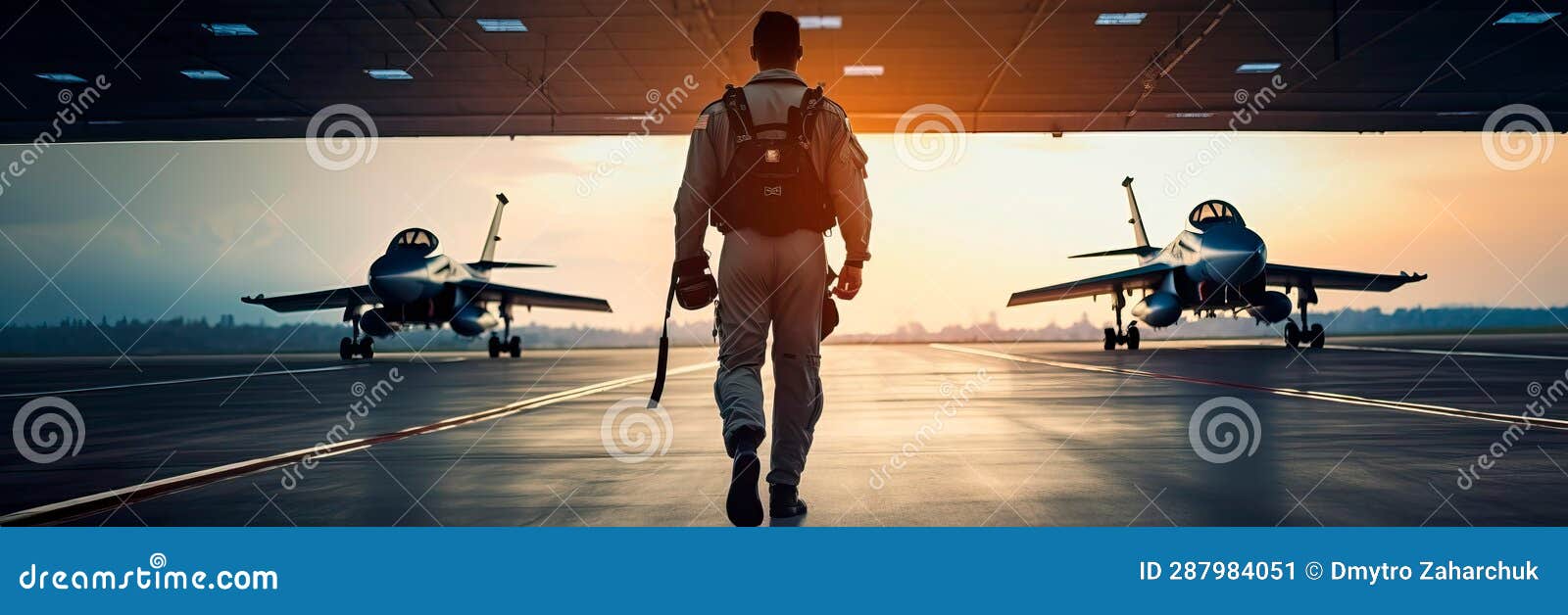 Pilot Walking Along the Runway Lighting in the Background of a Multi ...