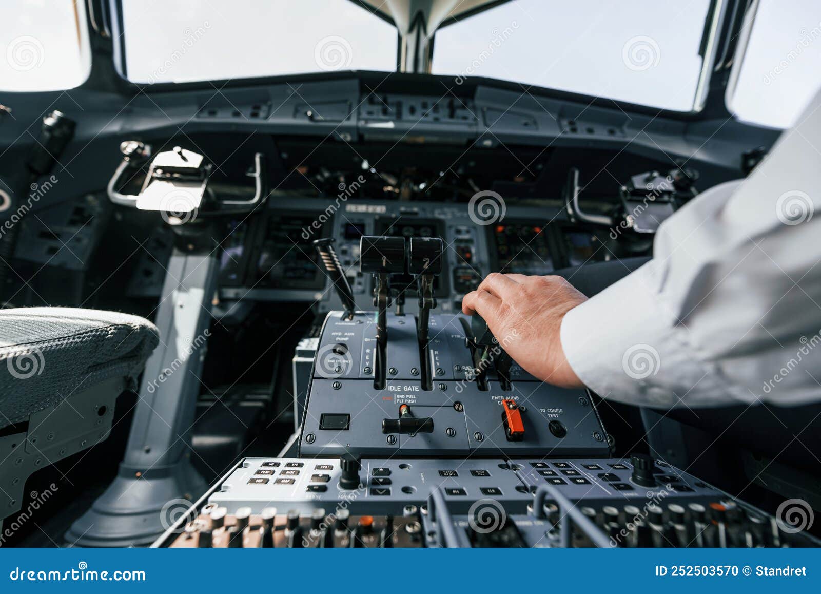 Pilot on the Work in the Passenger Airplane. Preparing for Takeoff ...